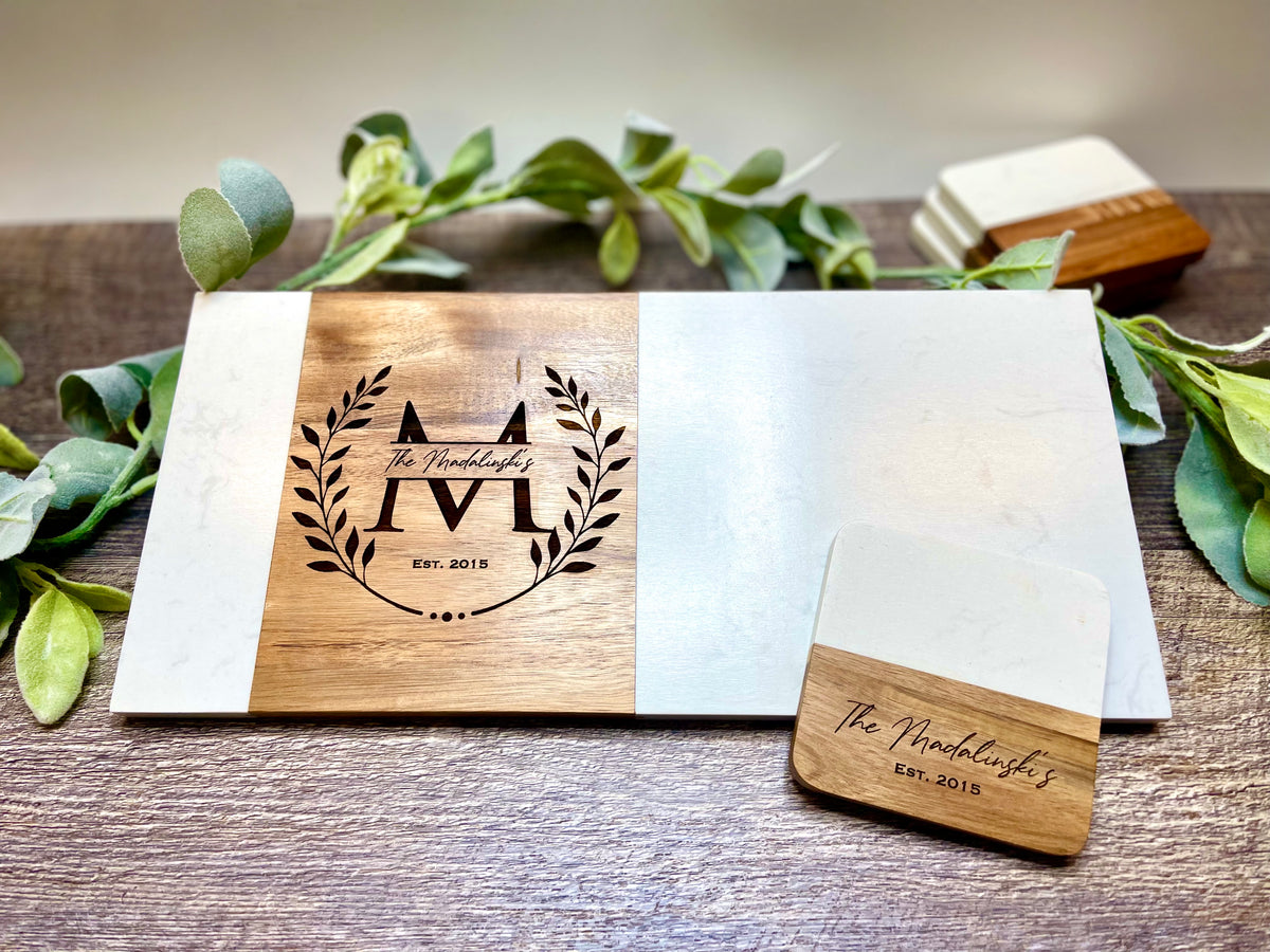 Marble/Acacia Wood Cutting Board & Coaster Combo – Stolan Acres